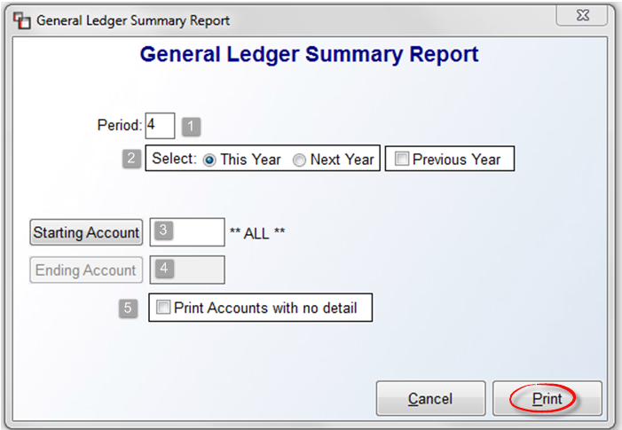 General Ledger Reports > Print Account Summary Report – Broadlume ERP